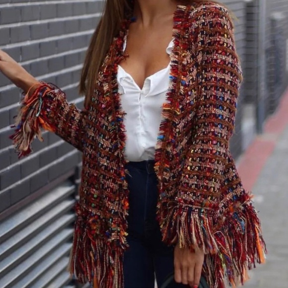 Zara | Jackets & Coats | Zara Woman Tweed Frayed Fringe Cardigan | Poshmark